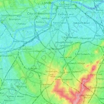 Mapa topográfico Londres, altitud, relieve