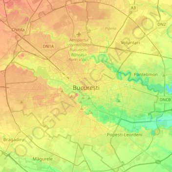 Mapa topográfico Bucarest, altitud, relieve