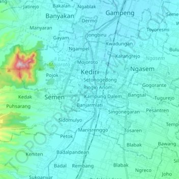 Mapa topográfico Kota Kediri, altitud, relieve