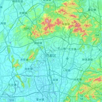 Mapa topográfico Huadu District, altitud, relieve