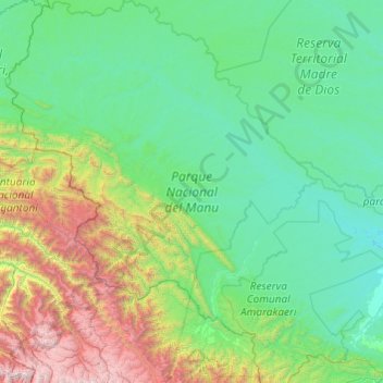 Mapa topográfico Parque Nacional del Manu, altitud, relieve